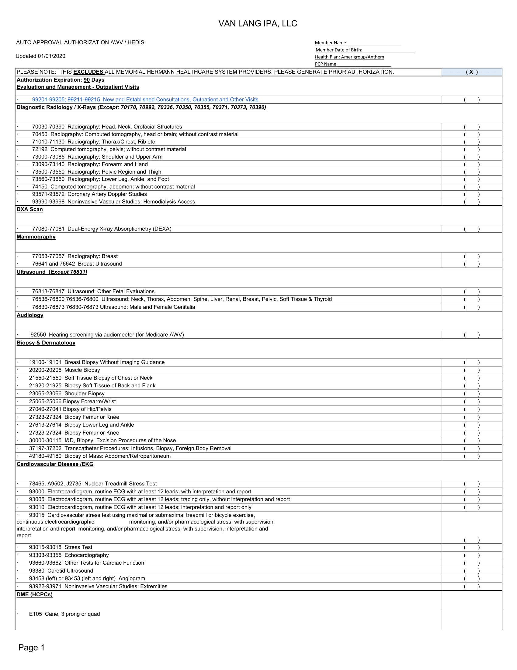 Auto Approval CPT codes - Van Lang IPA
